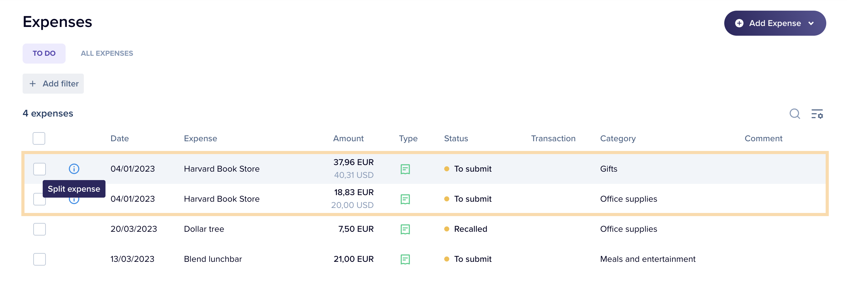 Split an expense – Rydoo