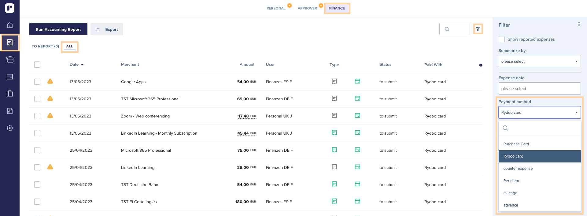 Finance: Rydoo cards - reports and exports – Rydoo